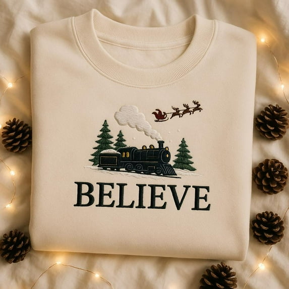 Embroidered Believe Christmas Sweatshirt, Classic Train Hoodie, Santa Claus Sleigh Sweater ...