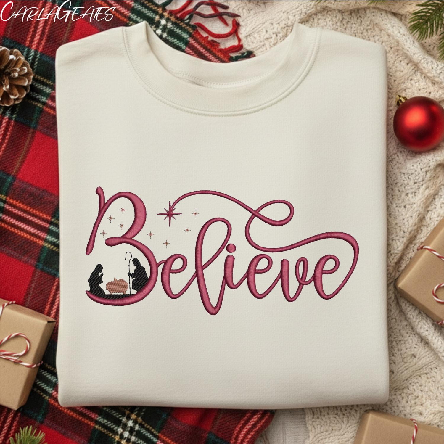 Embroidered Believe Christmas Sweatshirt with Nativity Scene, Pink ...