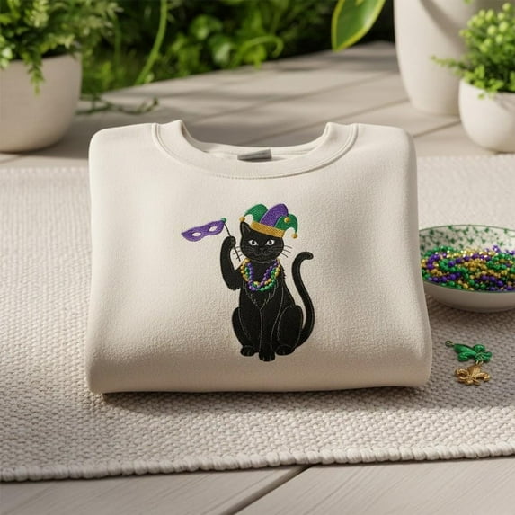Embroidered Black Cat Mardi Gras Flag Sweatshirt, Louisiana Embroidery ...