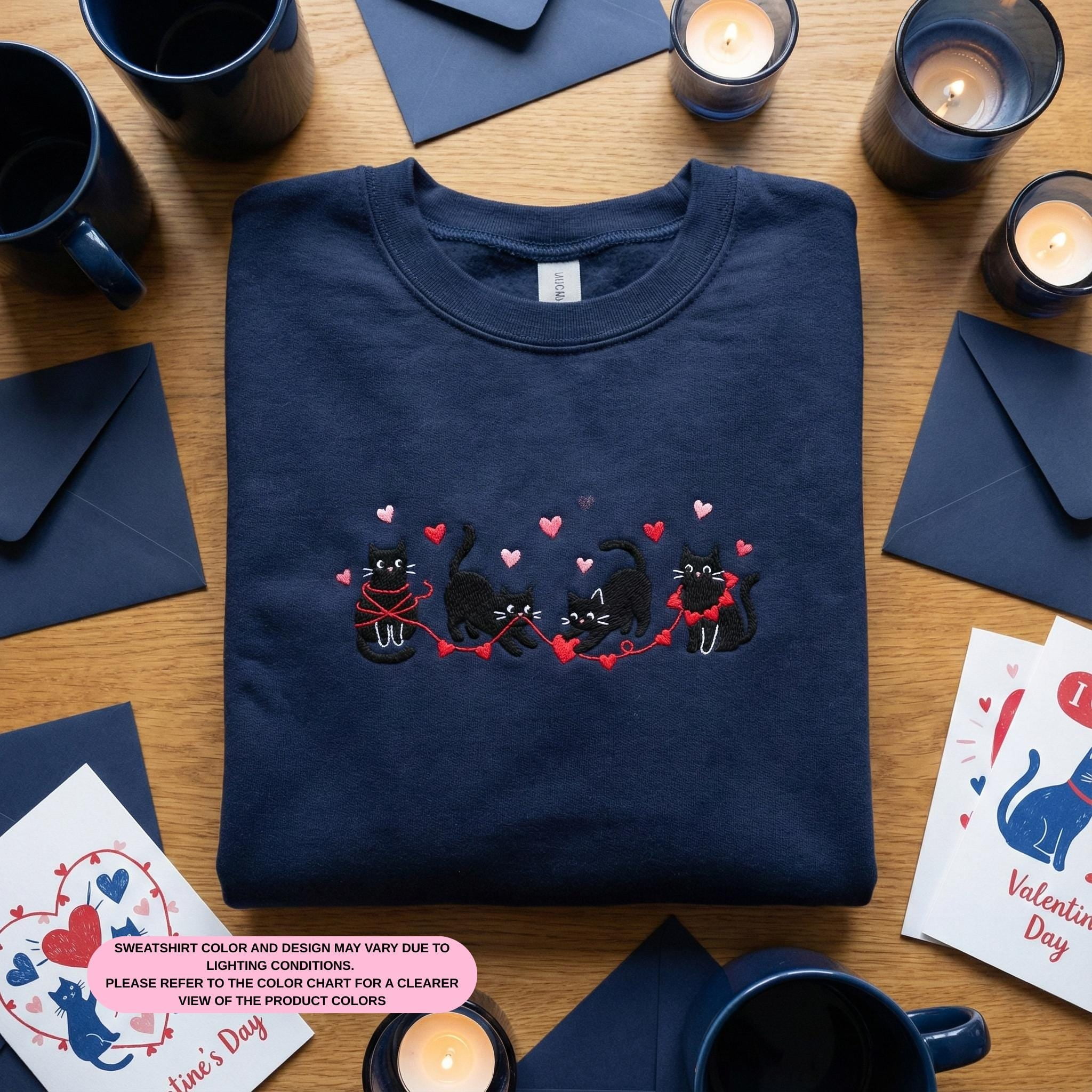 Embroidered Black Cat Sweater, Valentine Heart String Crewneck, Cute ...