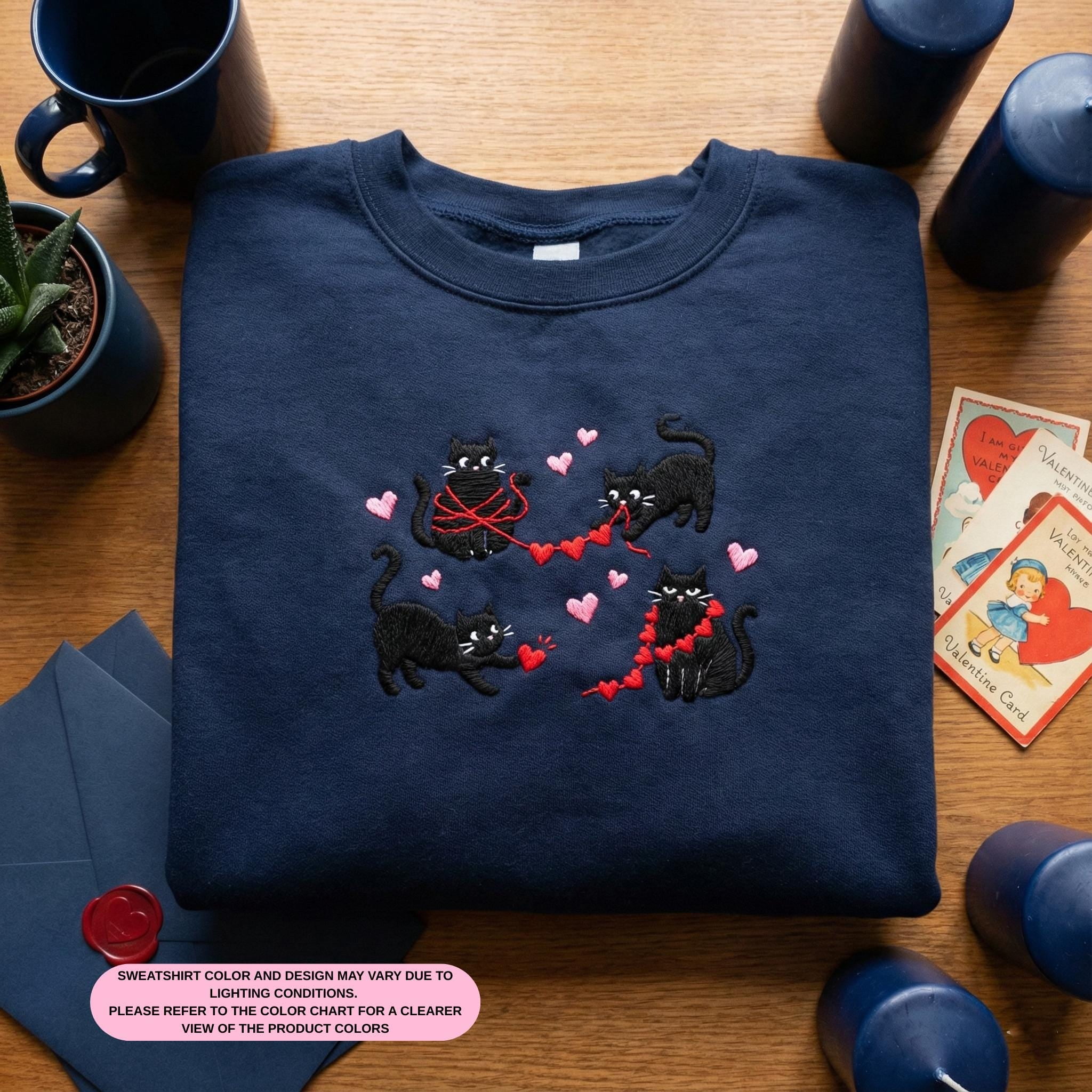 Embroidered Black Cat Sweatshirt, Valentine Yarn Heart Crewneck, Cute ...