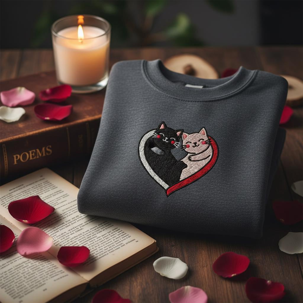 Embroidered Black and Pink Cat Couple Sweatshirt, Romantic Heart Cat ...