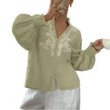 Embroidered Blouses for Women Floral Embroidered Button Up Puff Sleeve ...