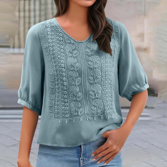 Embroidered Boho Tops for Women Vacation Beach Solid Blouses Loose ...