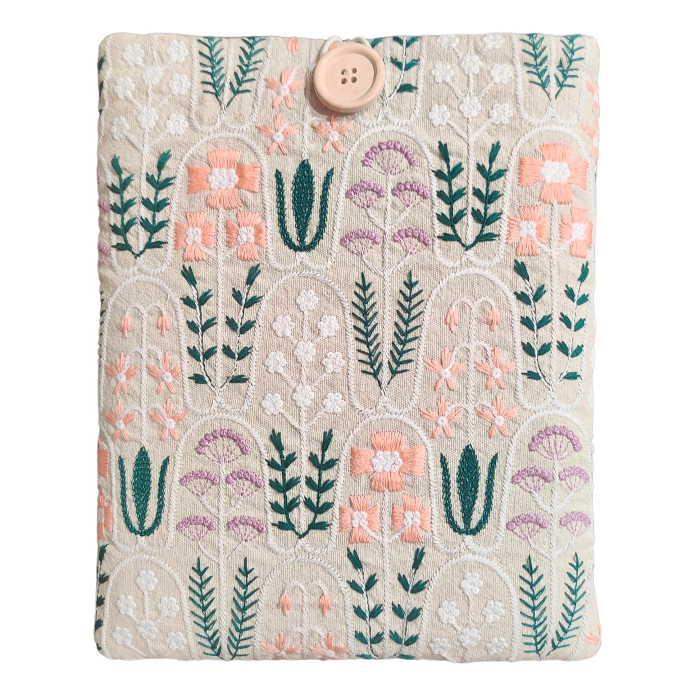 Embroidered Book Sleeve – Cotton Padded Cover, Beige Floral Pattern, 10 ...