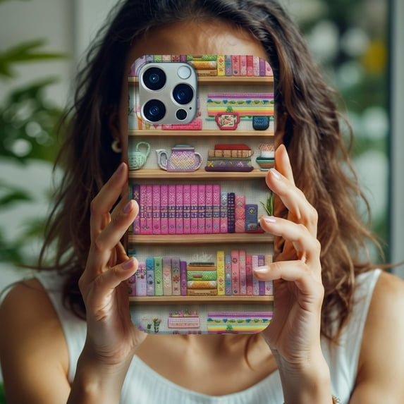 Embroidered Bookshelf Pattern Book Lover Phone Case 17 16 15 14 13 12 ...