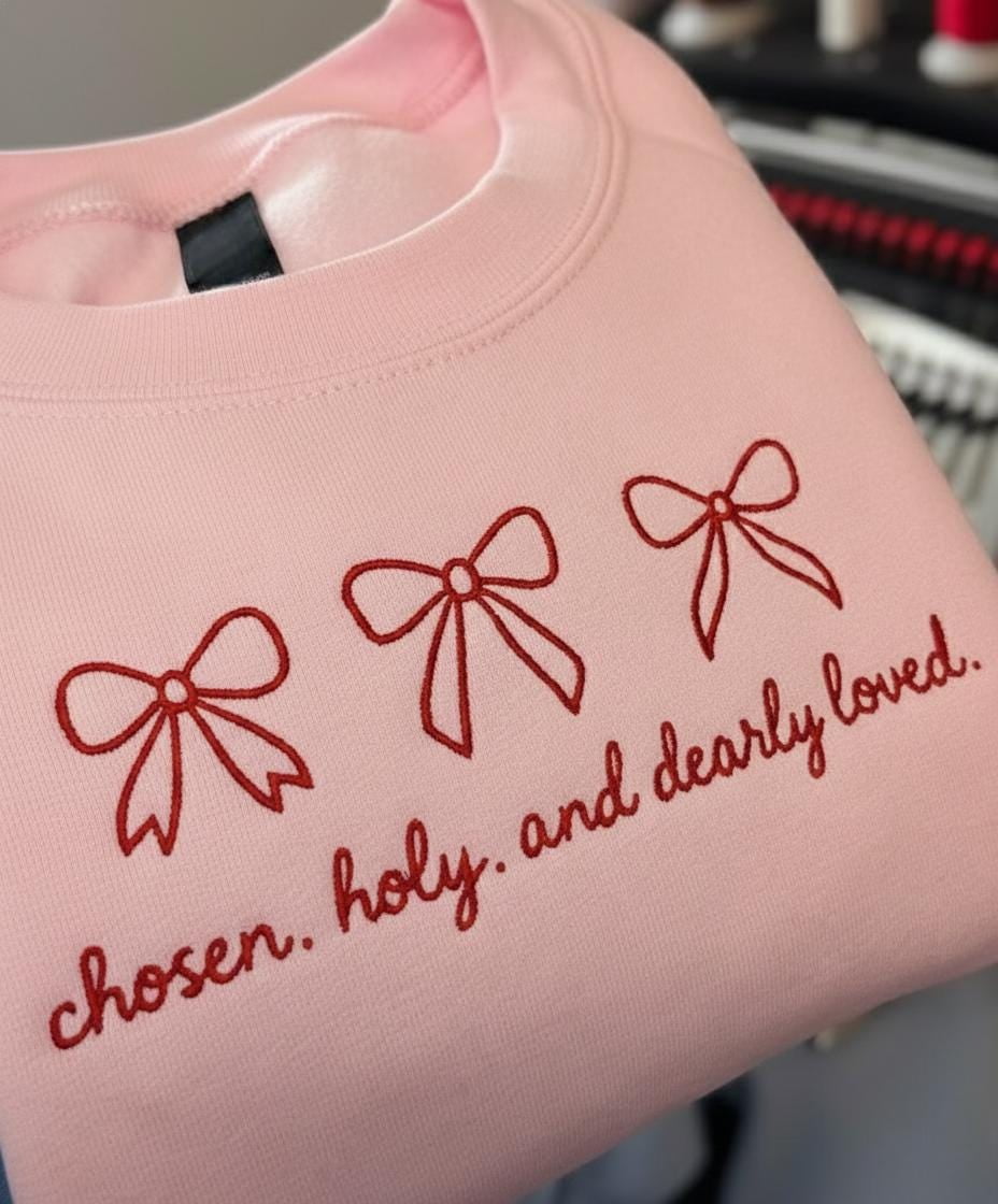 Embroidered Bow Christian Sweatshirt with “Chosen Holy Dearly Loved ...