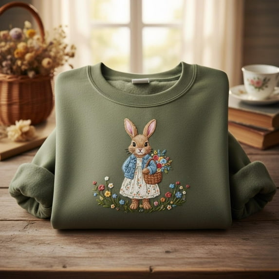Embroidered Bunny Sweatshirt with Floral Basket Spring Nature Design ...