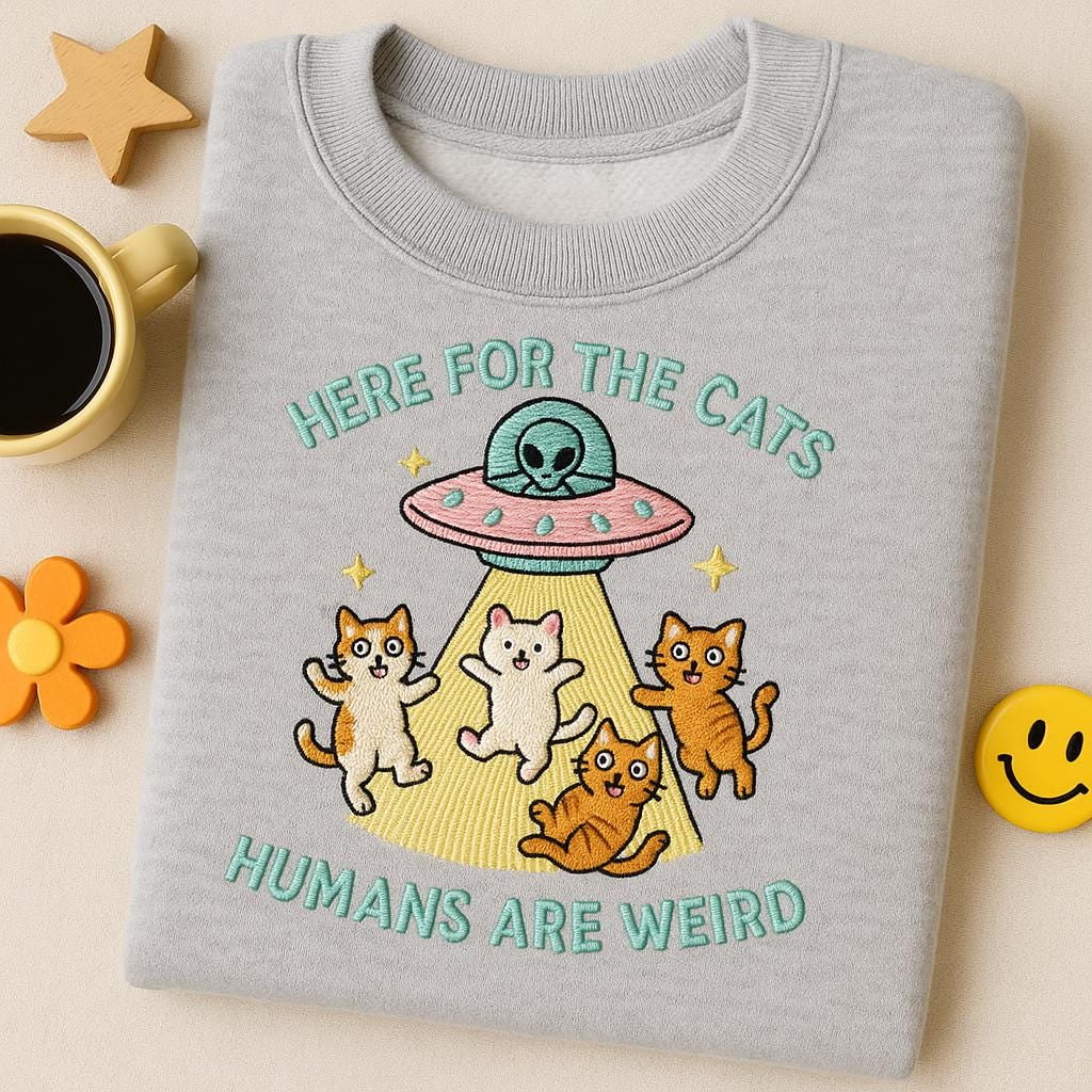 Embroidered Cat Lovers Sweatshirt, Alien UFO Hoodie, Humans Are Weird ...