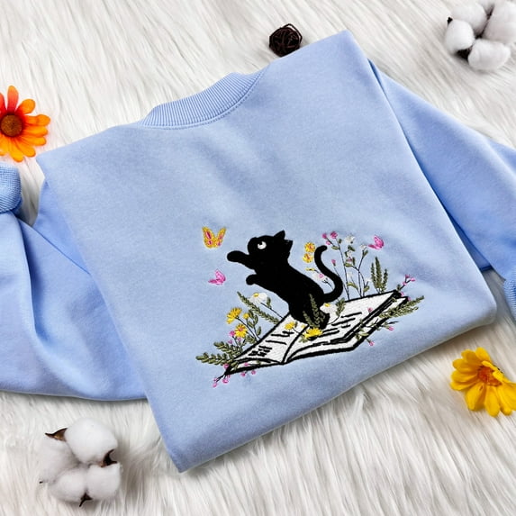 Embroidered Cat Sweatshirt: Book & Butterfly Design, Unisex - Walmart.com