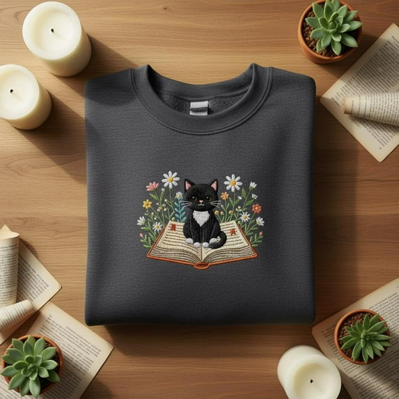 Embroidered Cat on Book with Daisies Sweatshirt, Cozy Reader Kitty ...