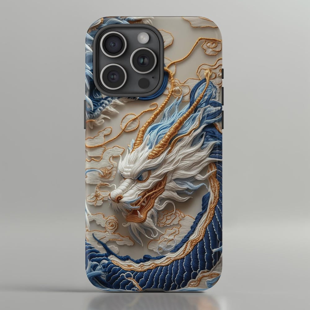 Embroidered Chinese White Gold Blue Dragon Phone Case for 17 16 15 14 ...