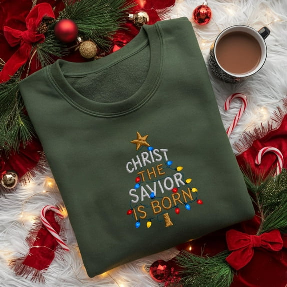 Embroidered Christ The Savior Is Born Sweater, Religious Christmas Tree ...