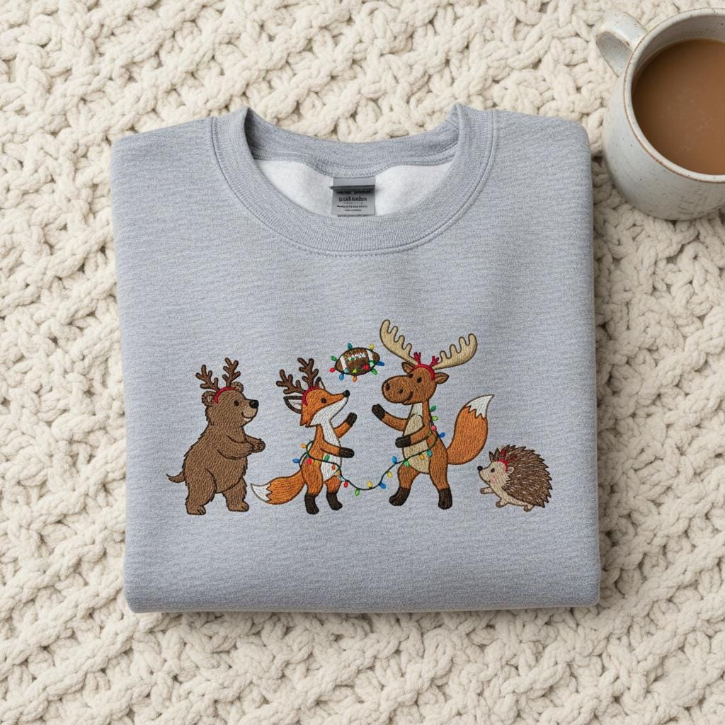 Embroidered Christmas Animals Crewneck Sweatshirt, Reindeer Antler Fox ...