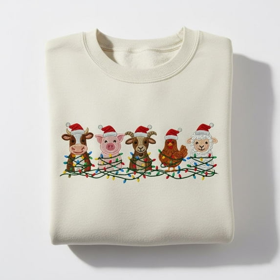 Embroidered Christmas Farm Animals Sweatshirt, Santa Hat Cow Pig Goat ...