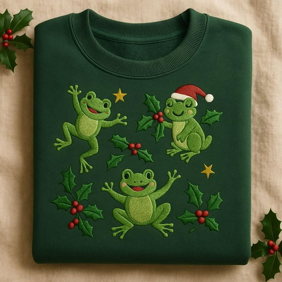 Embroidered Christmas Frogs Sweatshirt, Holly Jolly Dancing Frog Hoodie ...