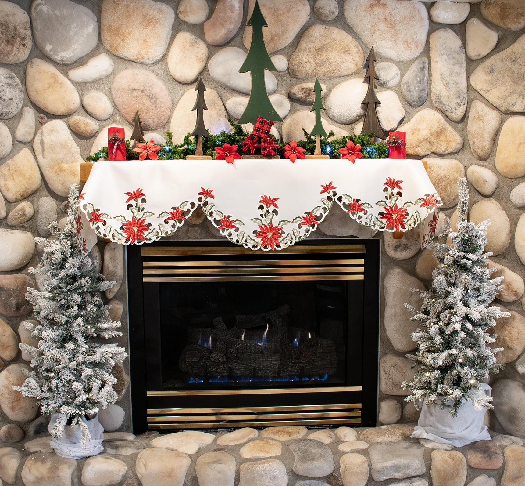 Embroidered Christmas Holiday Poinsettia Mantel Scarf (19" x 90 ...