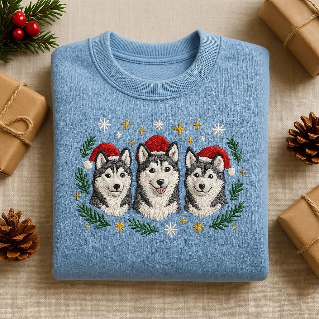 Embroidered Christmas Husky Sweatshirt, Santa Hat Dog Hoodie, Cute Pet ...