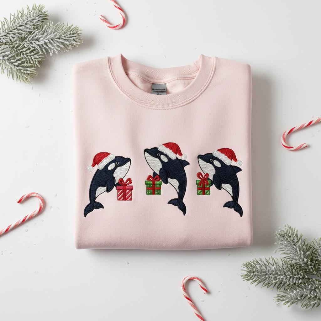 Embroidered Christmas Orca Sweatshirt, Cute Killer Whale Holiday ...