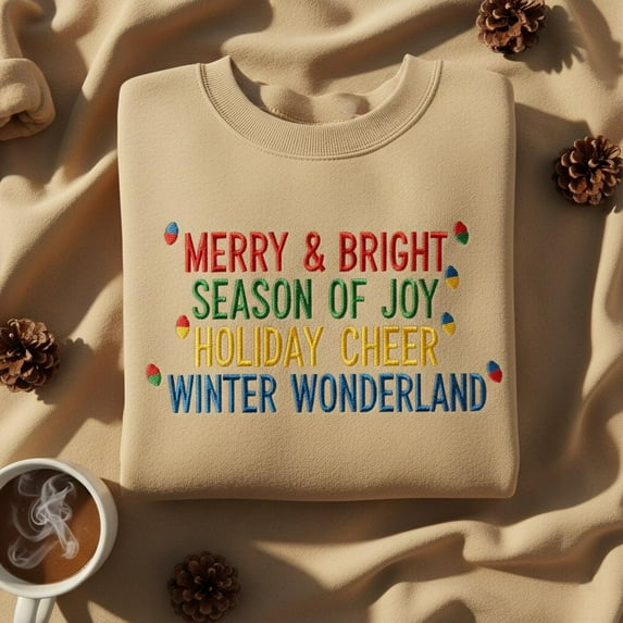 Embroidered Christmas Phrases Sweatshirt, Merry & Bright Season Of Joy ...