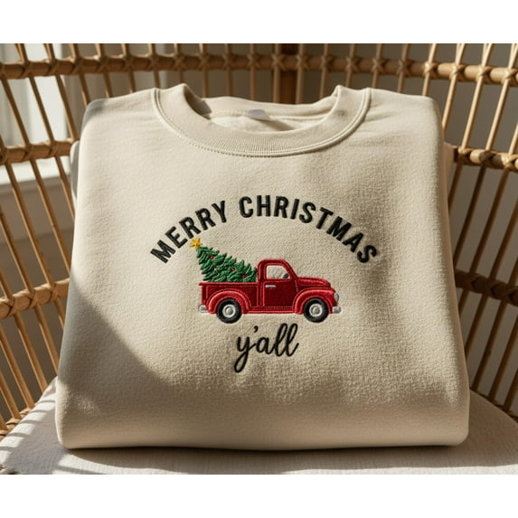 Embroidered Christmas Sweatshirt, Red Truck, 'Merry Christmas Y'all ...