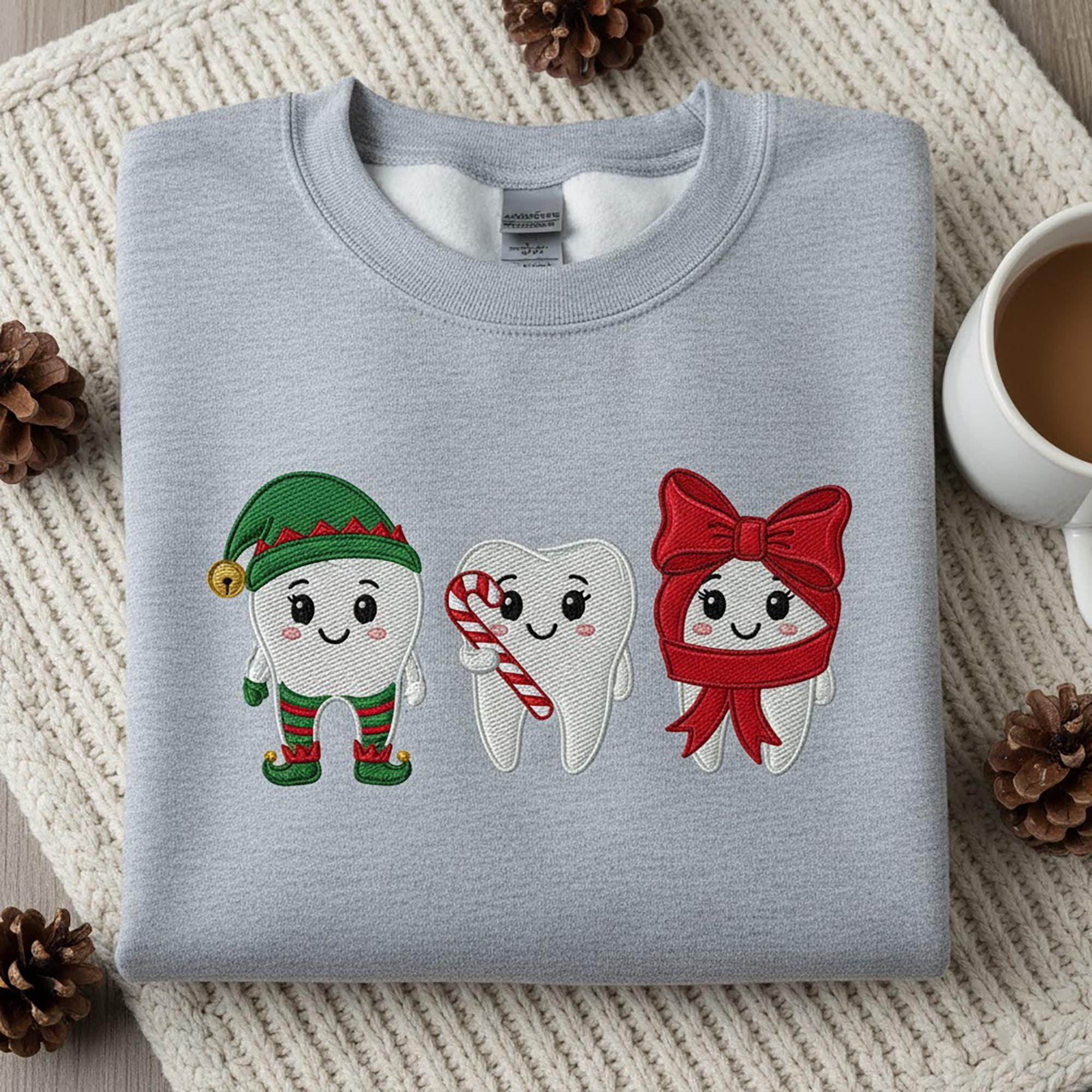 Embroidered Christmas Teeth Sweatshirt, Dental Team Xmas Crewneck, Dentist Hygienist Holiday ...