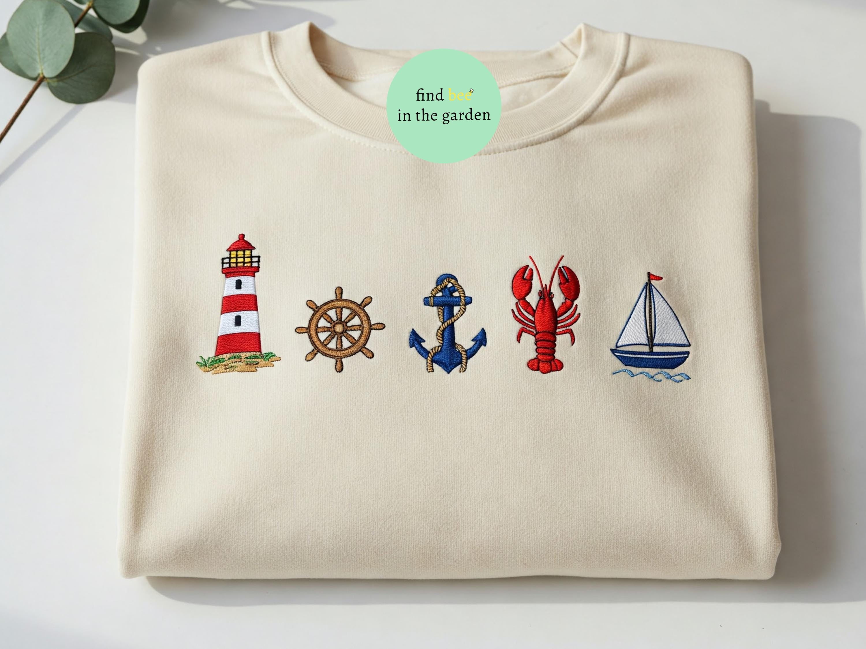 Embroidered Coastal Sweatshirt, Nautical Summer Crewneck, Ocean Life ...
