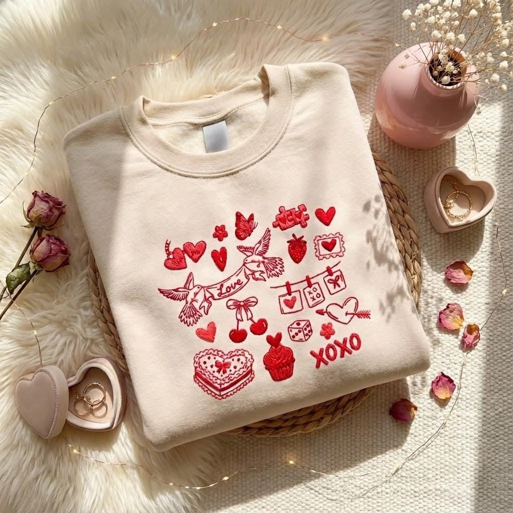 Embroidered Coquette Valentine Sweatshirt, Cherry Heart Bow Crewneck ...