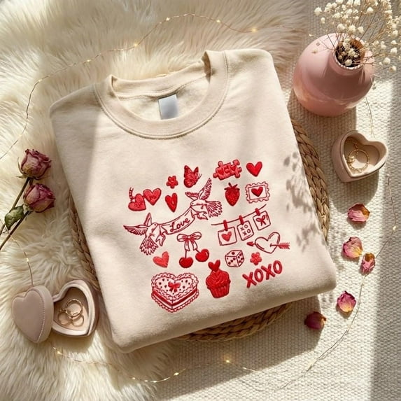 Embroidered Coquette Valentine Sweatshirt, Cherry Heart Bow Crewneck ...