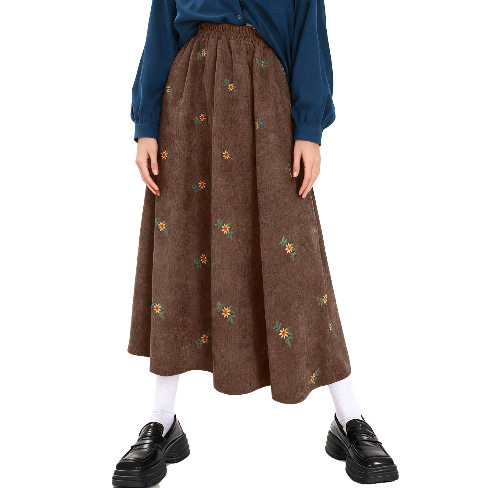 Embroidered Corduroy Skirts Womens Winter Fall High Waist Ruffle Aline ...