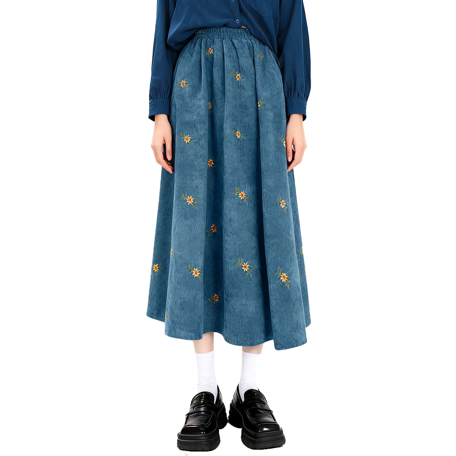 Embroidered Corduroy Skirts Womens Winter Fall High Waist Ruffle Aline ...