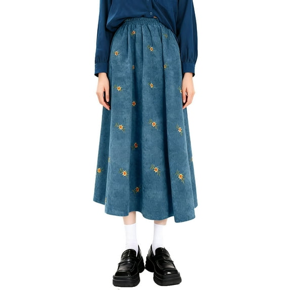 Embroidered Corduroy Skirts Womens Winter Fall High Waist Ruffle Aline ...