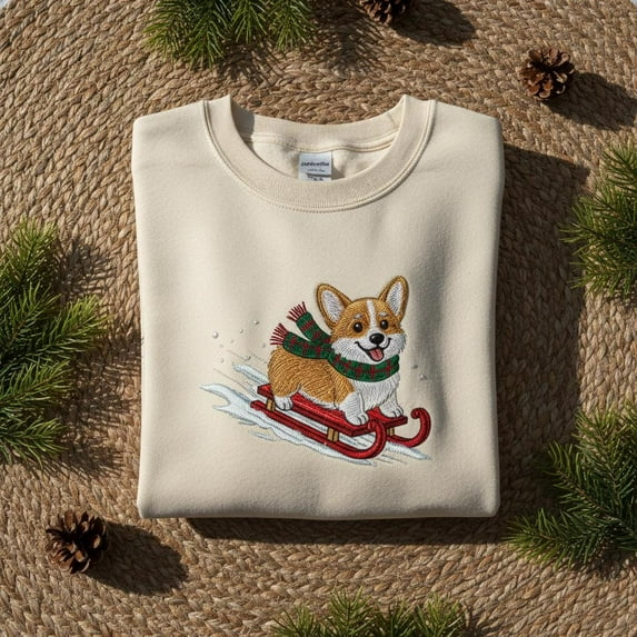Embroidered Corgi on Sled Sweatshirt, Cute Winter Dog Crewneck, Festive ...
