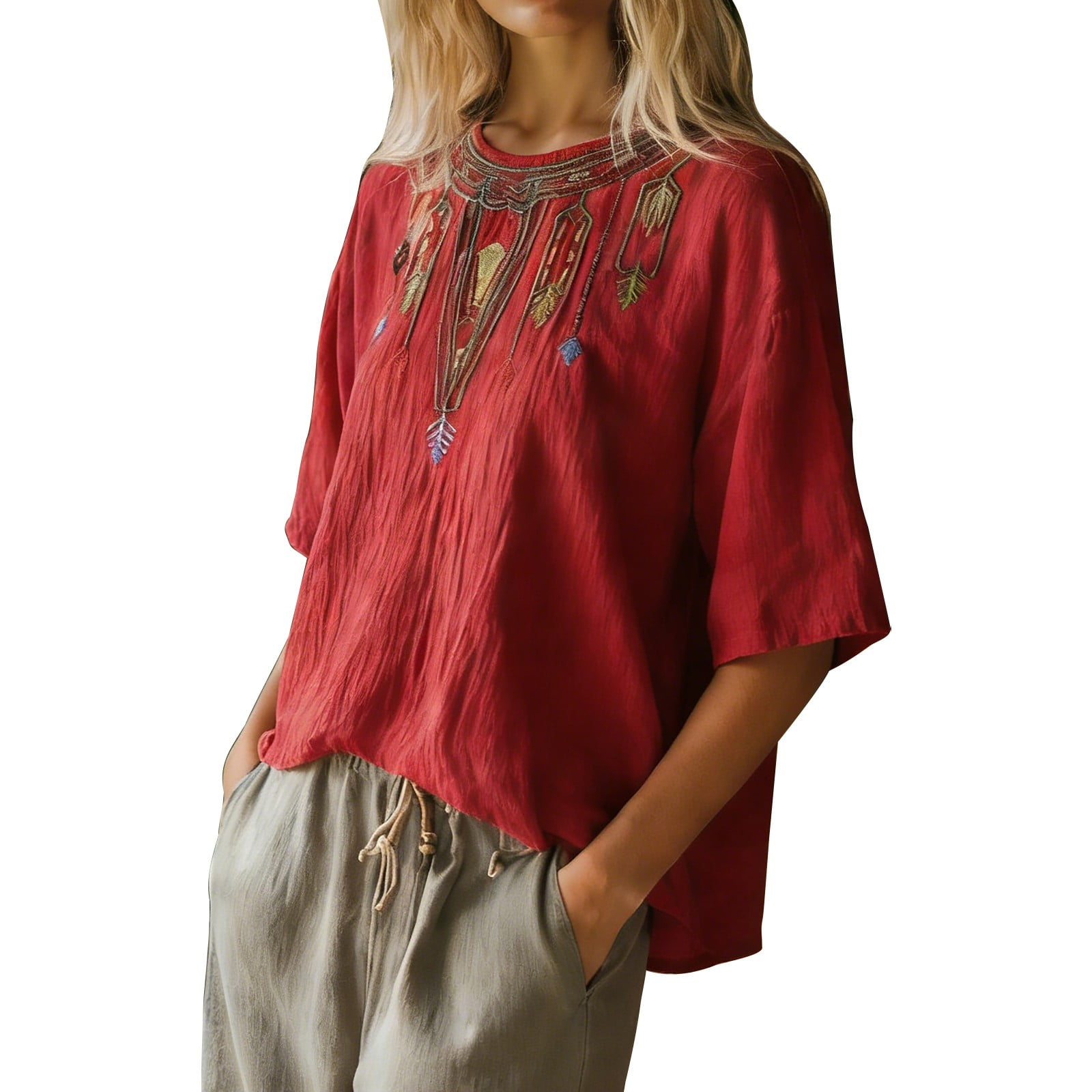 Embroidered Cotton Linen Shirts Boho Blouse Puff Sleeve Peasant Tops ...