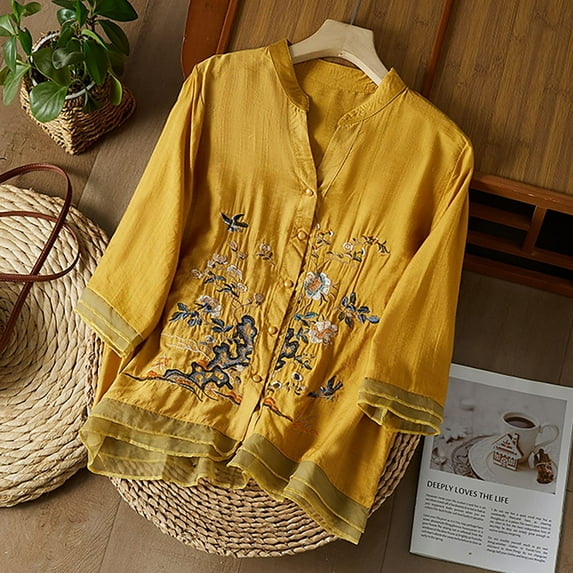 Embroidered Cotton Linen Shirts Embroidered Boho Tops Button Tunic ...