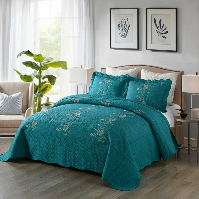 MarCielo Embroidered Cotton Quilt Set Teal Queen - Walmart.com