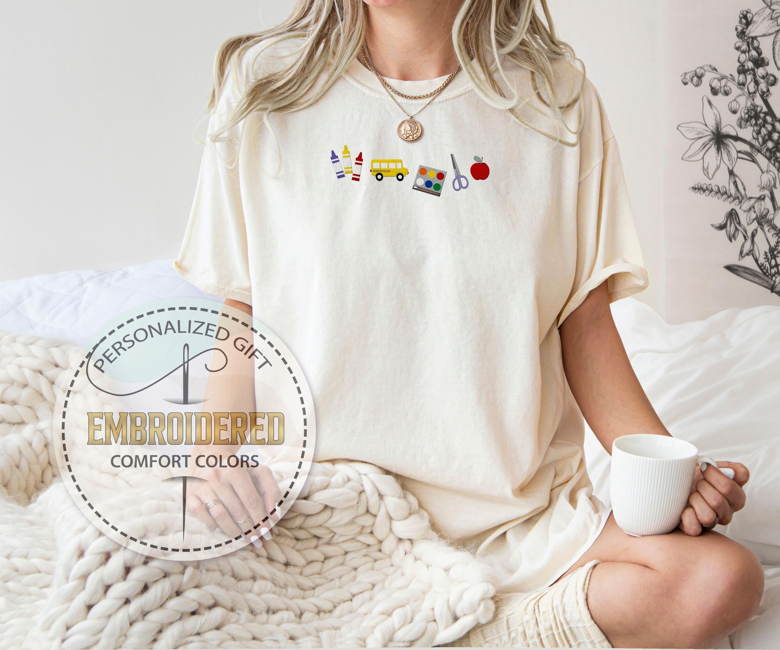Embroidered Crayon Bus Scissors Apple Shirt, Back To School Tee, Cute ...