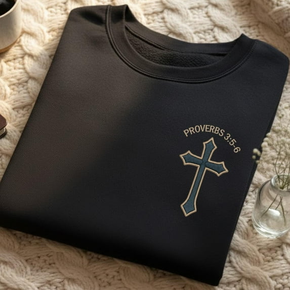 Embroidered Cross Proverbs 3:5–6 Sweatshirt, Christian Crewneck, Faith ...