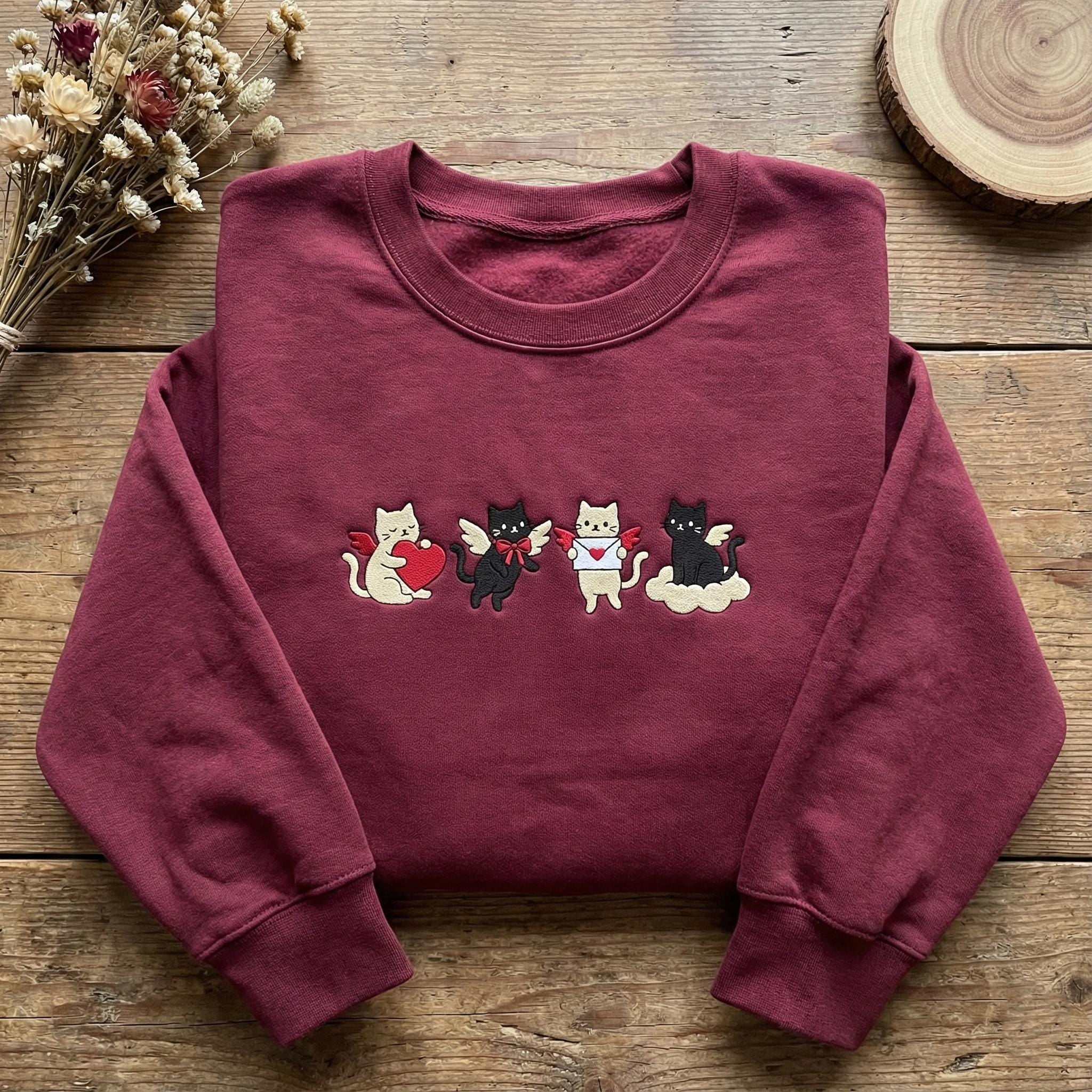 Embroidered Cupid Cats Sweatshirt, Angel Kitten Valentine Crewneck ...