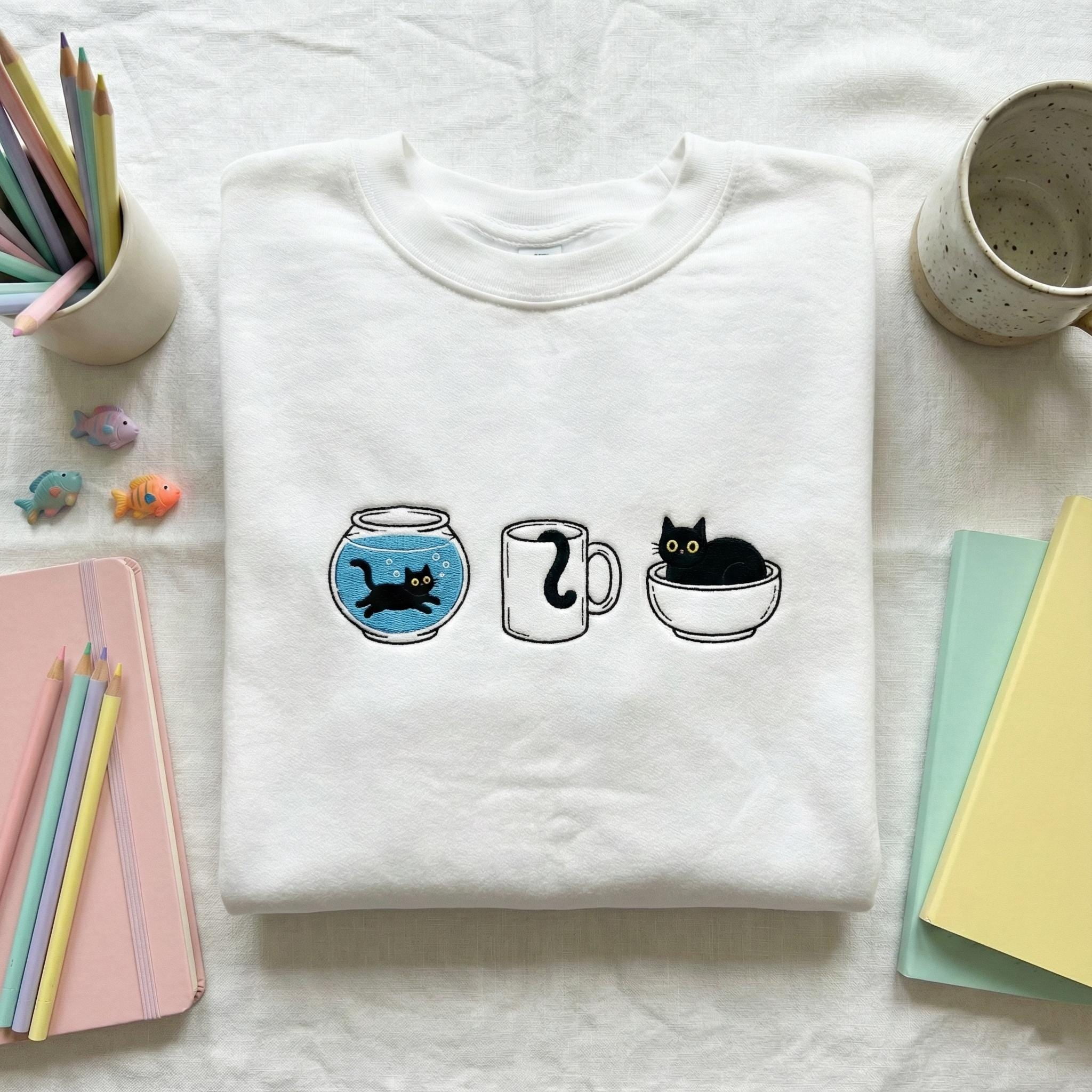 Embroidered Cute Black Cats Sweatshirt, Cat in Fishbowl Mug Bowl ...