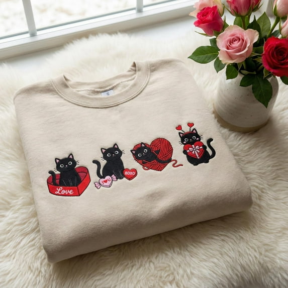 Embroidered Cute Cat Sweatshirt, Valentines Day Cat Shirt, Embroidered ...