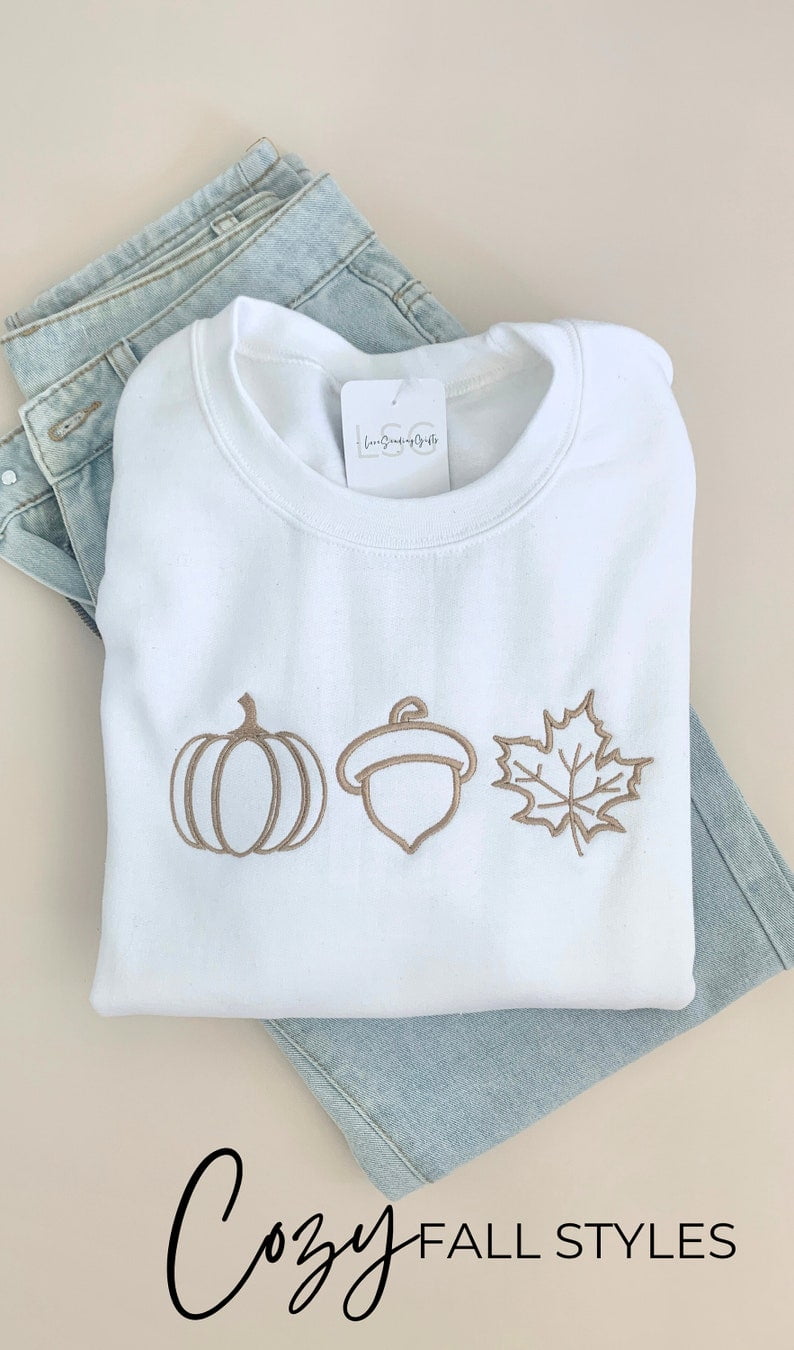 Embroidered Cute Fall Crewneck With Fall Leaf Acorn And Pumpkin ...