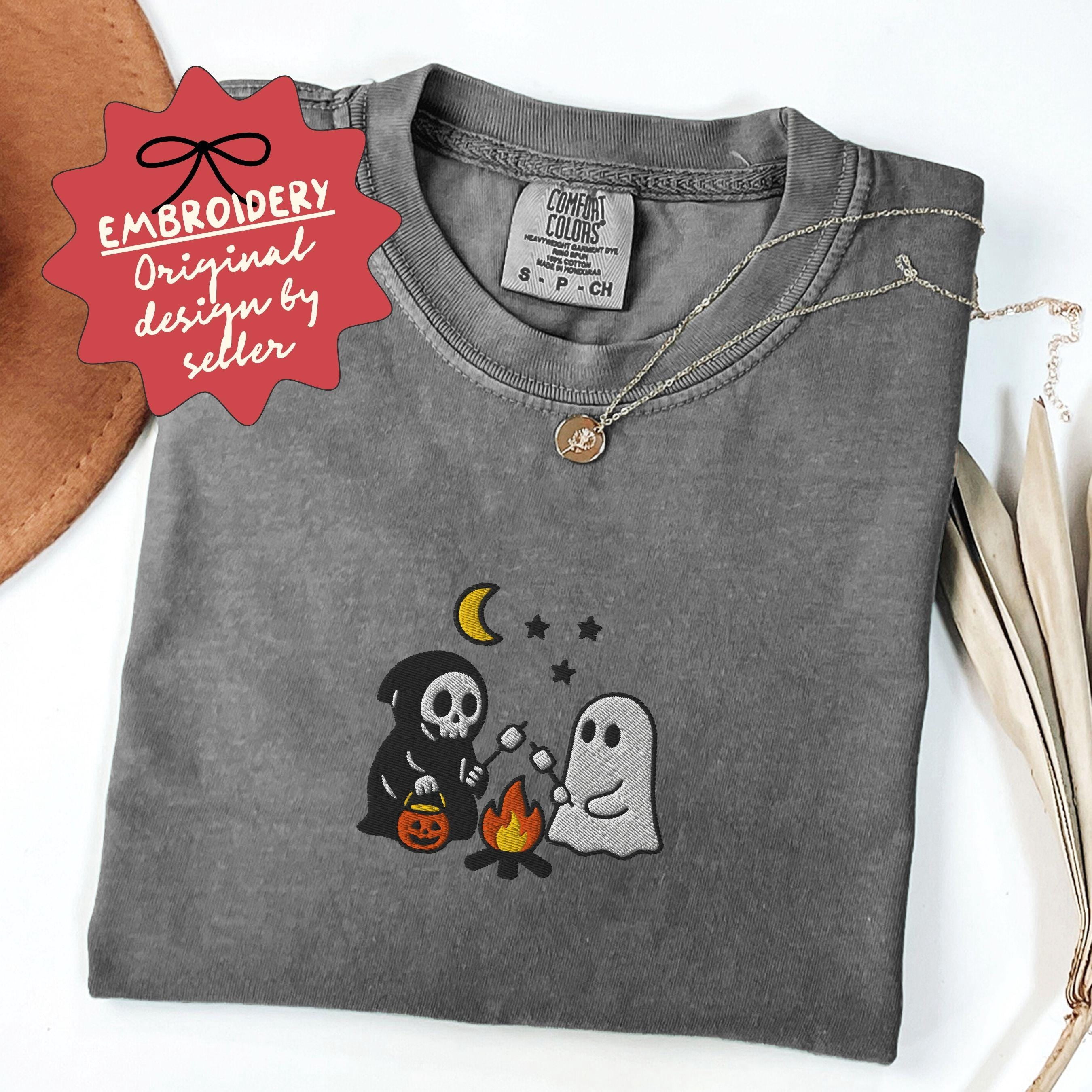Embroidered Cute Ghosts Camping, Comfort Colors Camping Shirt, Spooky ...