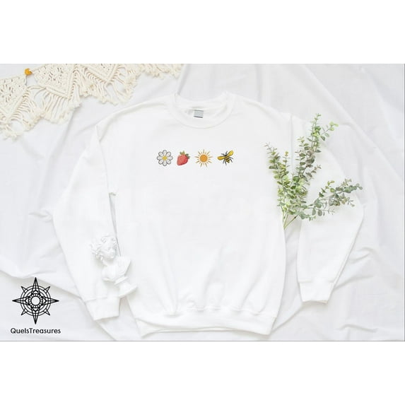 Embroidered Daisy Strawberry Sun Bee Sweatshirt, Embroidery Summer-themed Sweater, Honey Bee ...