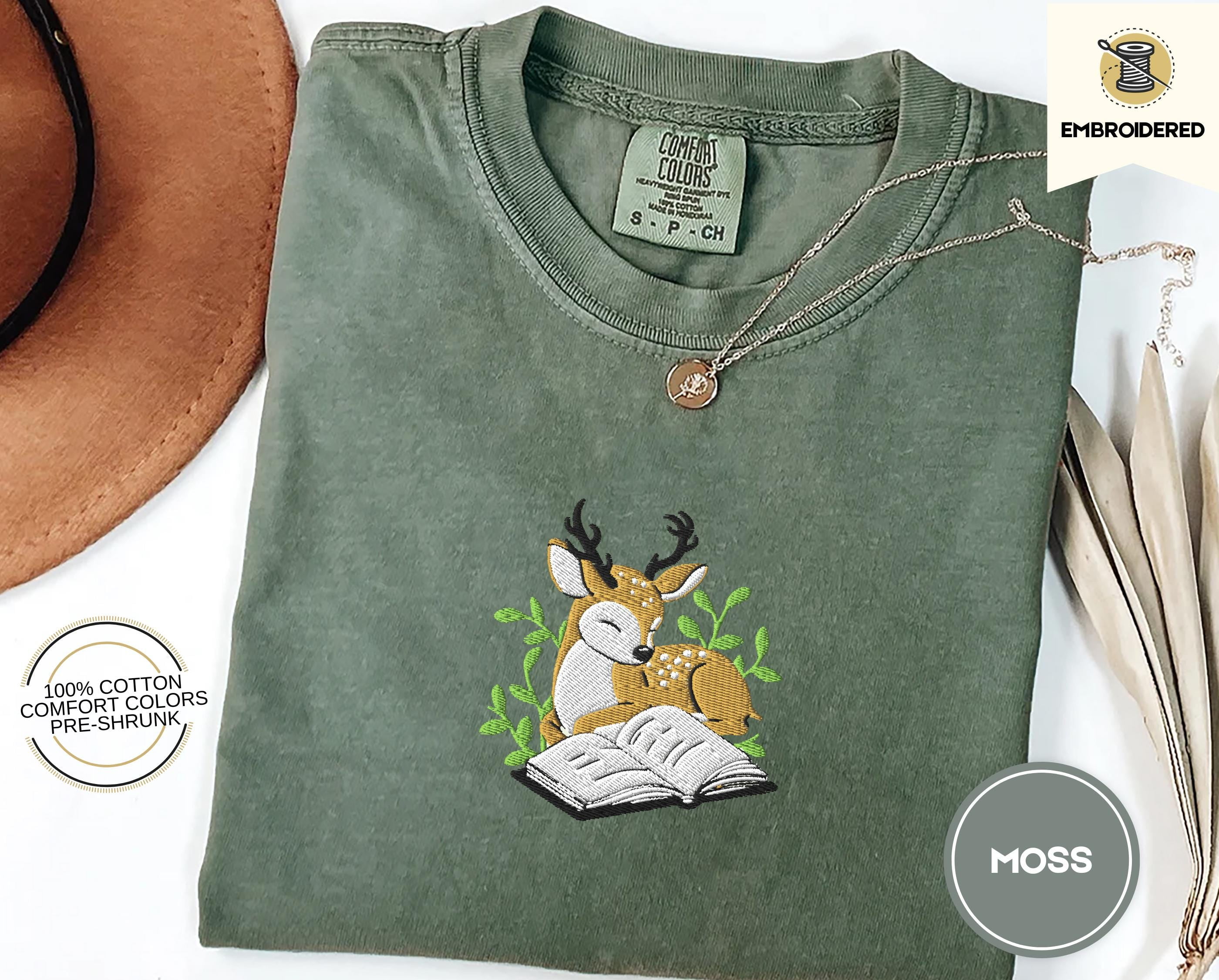 Embroidered Deer & Book Shirt – Nature Bookish Tee Cottagecore ...
