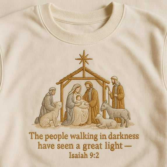 Embroidered Detailed Nativity Scene Sweatshirt, Isaiah 9:2 Christmas ...