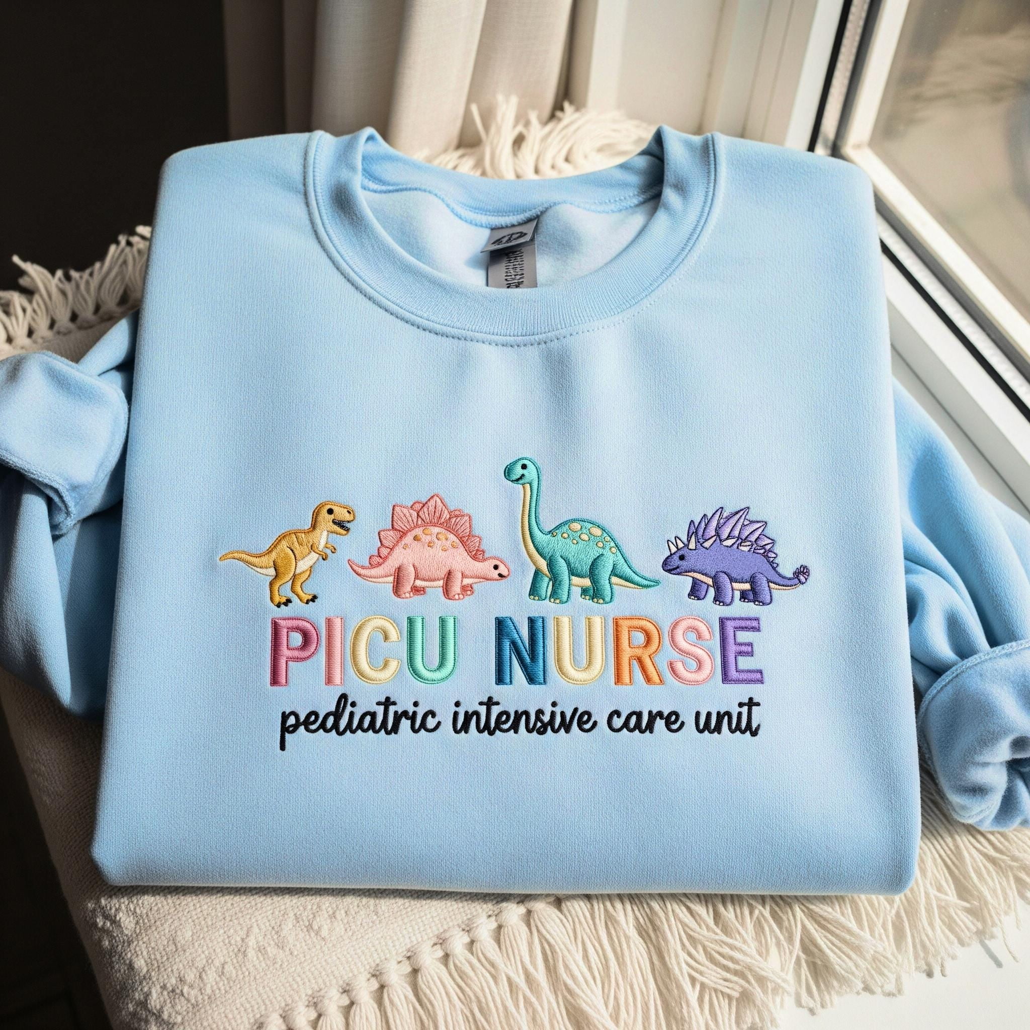 Embroidered Dinosaur PICU Nurse Sweatshirt, Pediatric Intensive Care Unit Shirt, Nurse ...