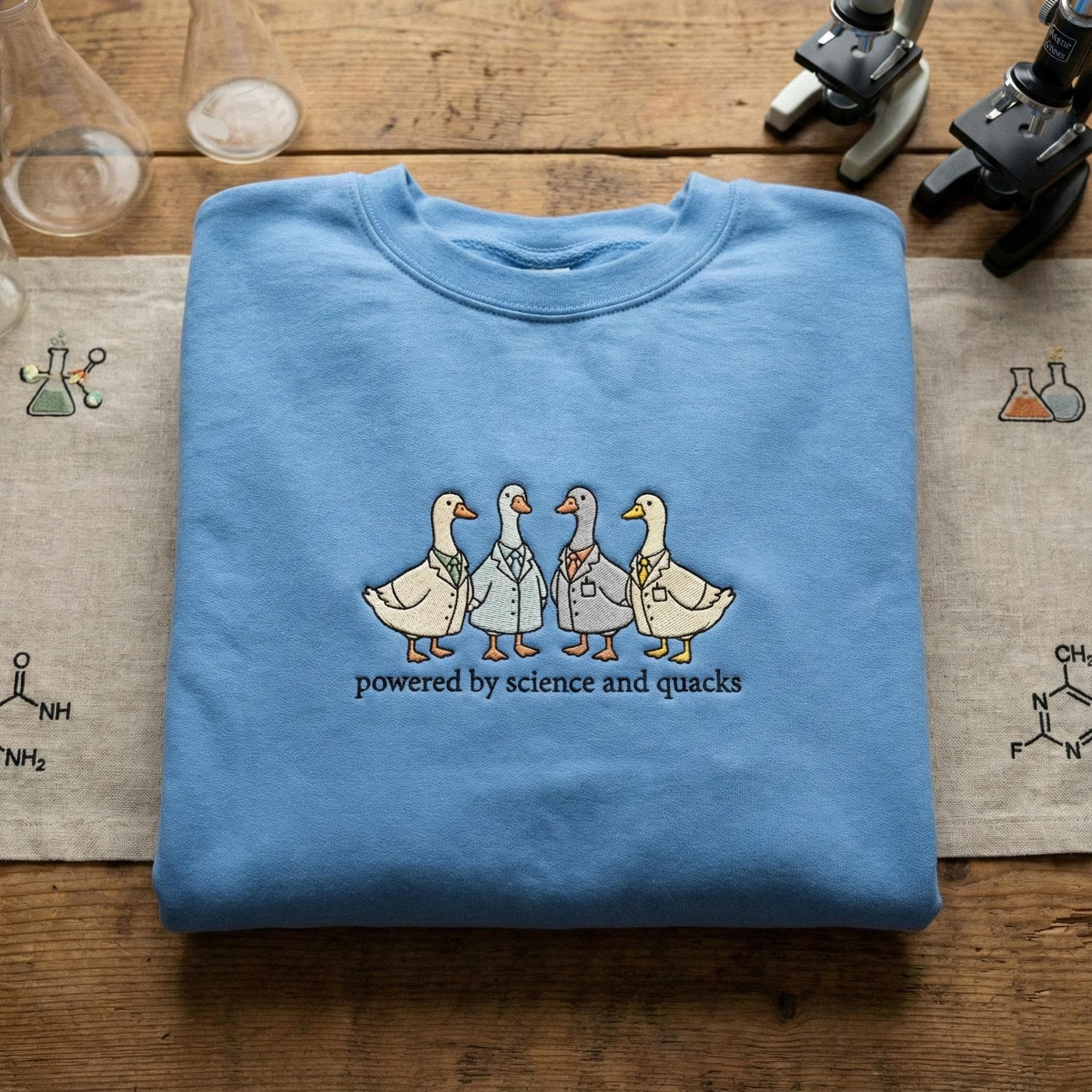 Embroidered Duck Crewneck, Powered by Science and Quacks Sweatshirt ...