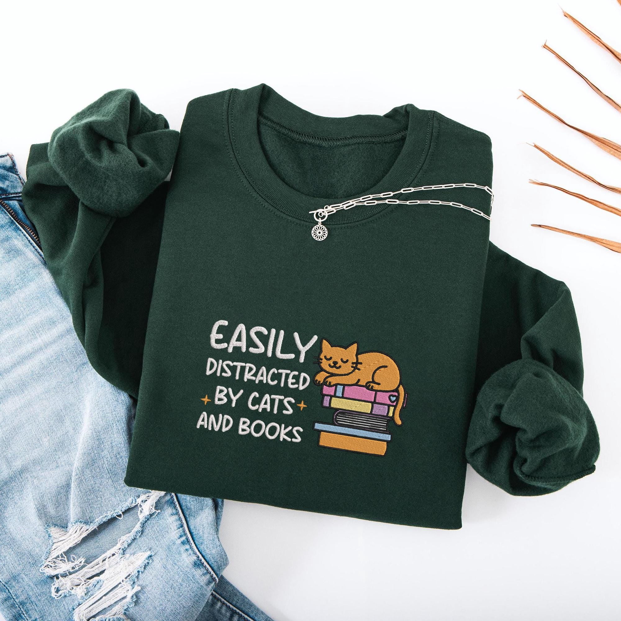 Embroidered Easily Distracted By Cats And Books Shirt, Book Lover Gift ...