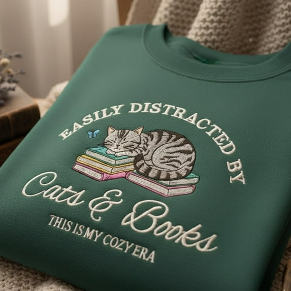 Embroidered Easily Distracted By Cats and Books, Crewneck Sweatshirt ...